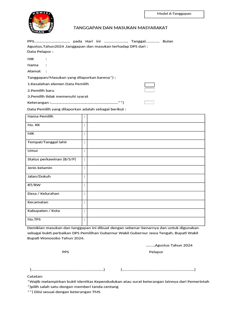 Form TANGGAPAN MASYARAKAT PPS, PPK, KPU | PDF