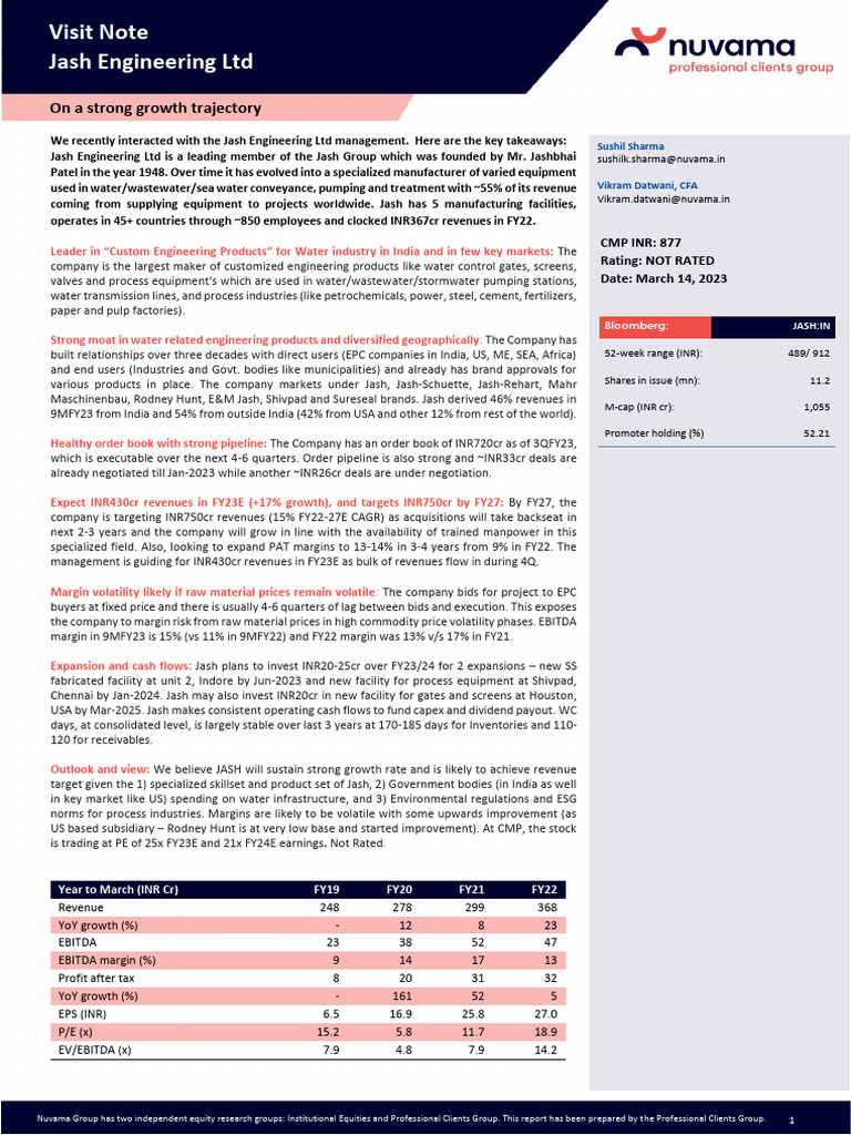 Jash Engineering LTD Visit Note | PDF
