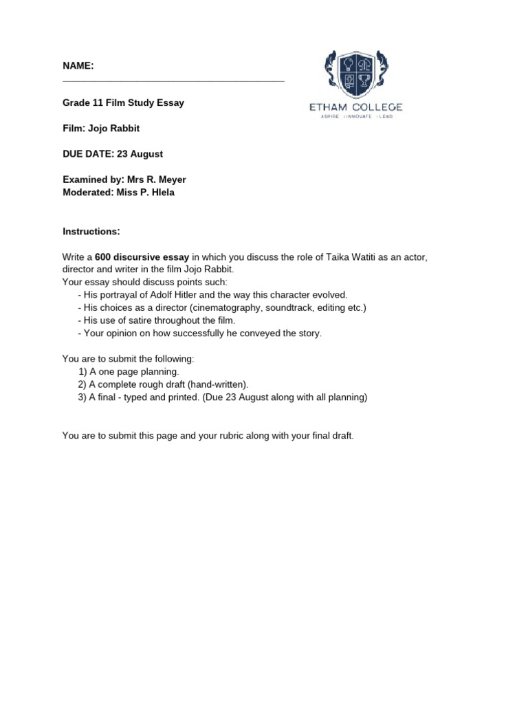 Grade 11 Film Study Assignment 2024 | PDF