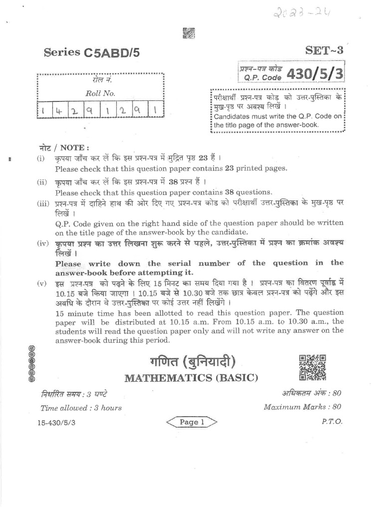 MATHEMATICS BASIC 2024 Board | PDF