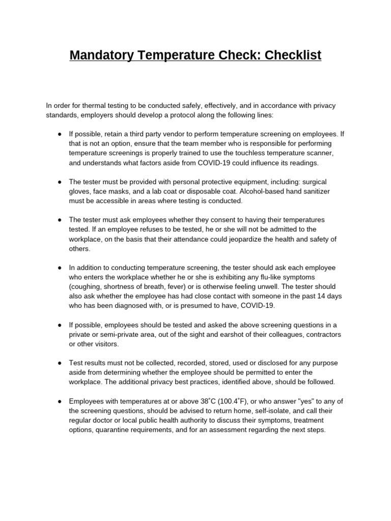 Mandatory Temperature Check - Checklist | PDF