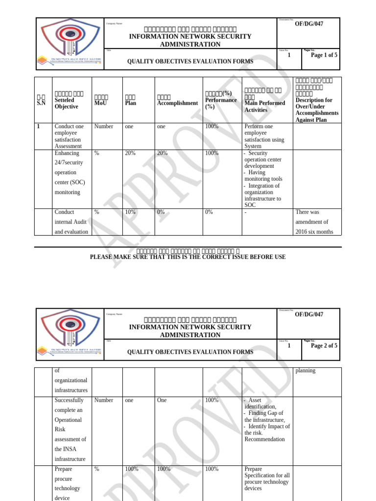 Of DG 047 Quality Objective Evaluation Form OSTS | PDF