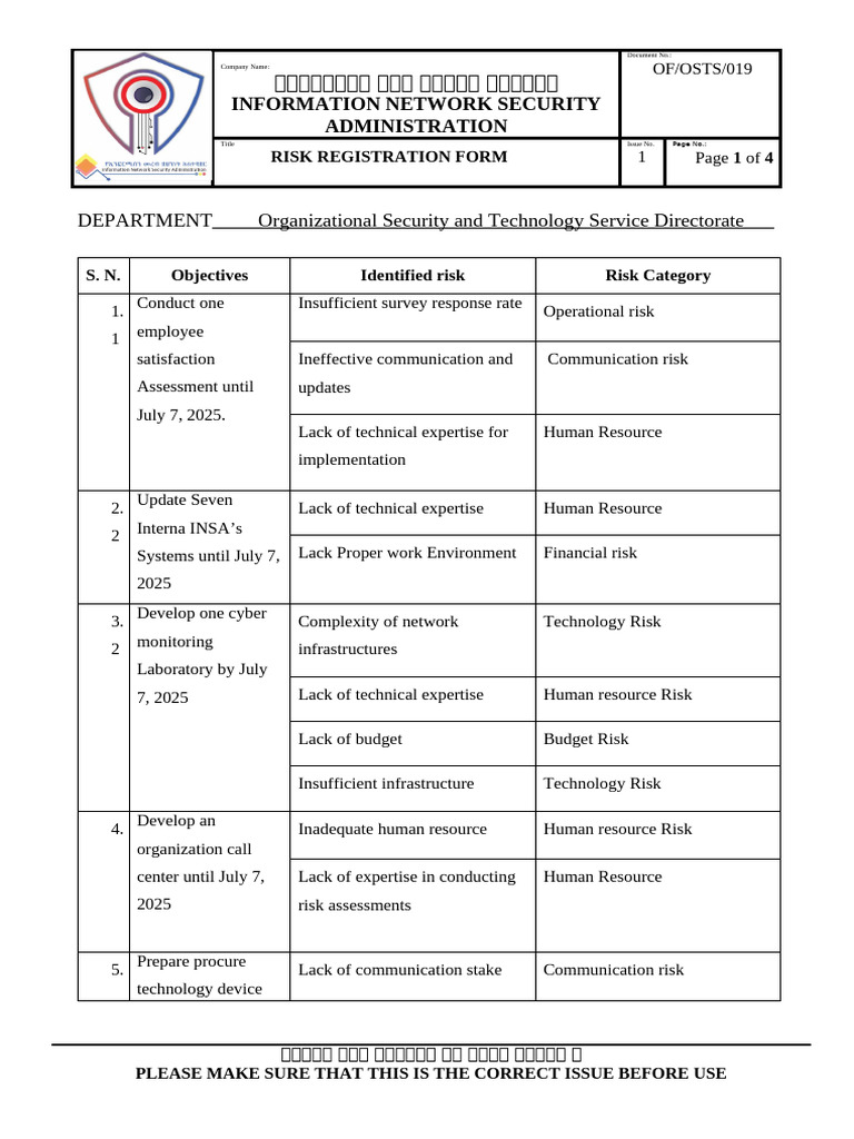 Of Osts 019 Risk Identification Form | PDF