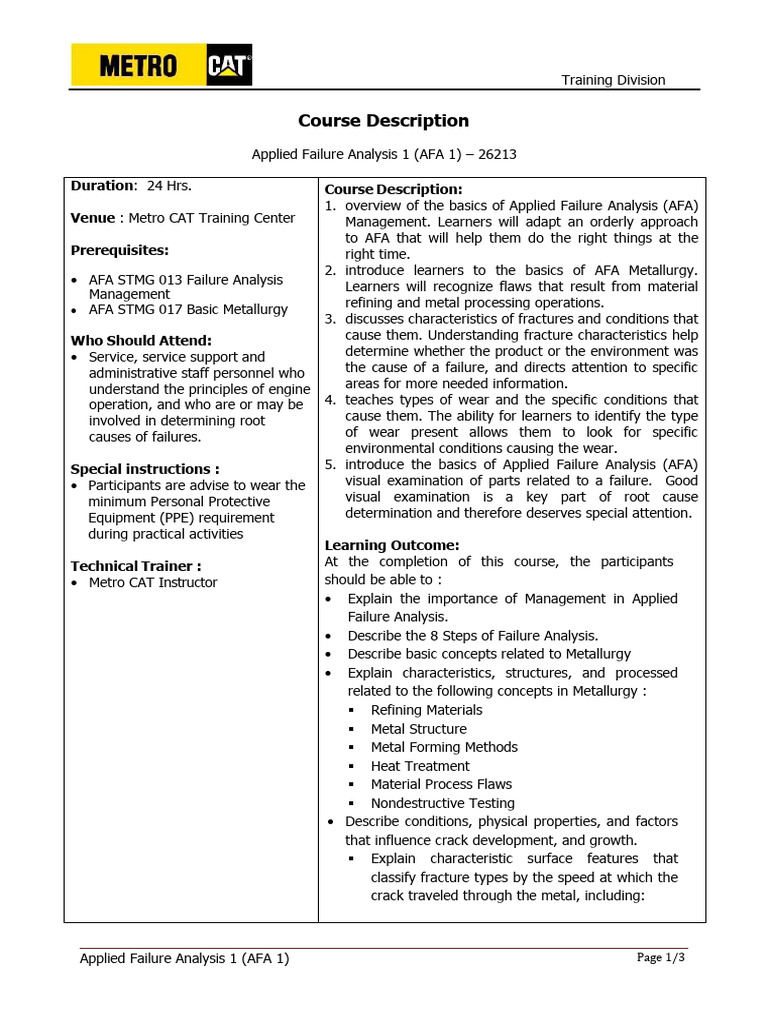 Course Description FAILURE ANALYSIS 1 (AFA 1) | PDF