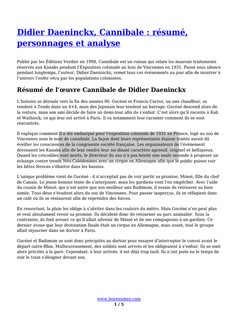 Didier Daeninckx Cannibale Resume Personnages Et Analyse | PDF