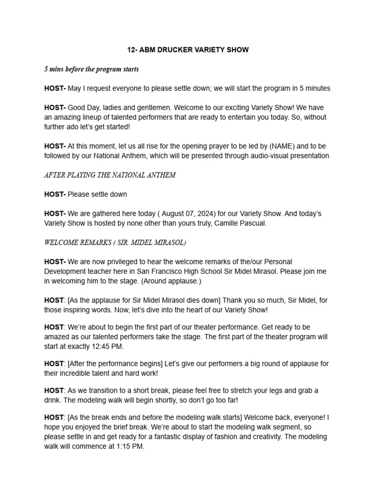 12 - Drucker Variety Show Script | PDF
