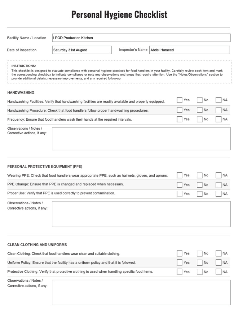 Personal-Hygiene-Checklist Al Areen Modified | PDF