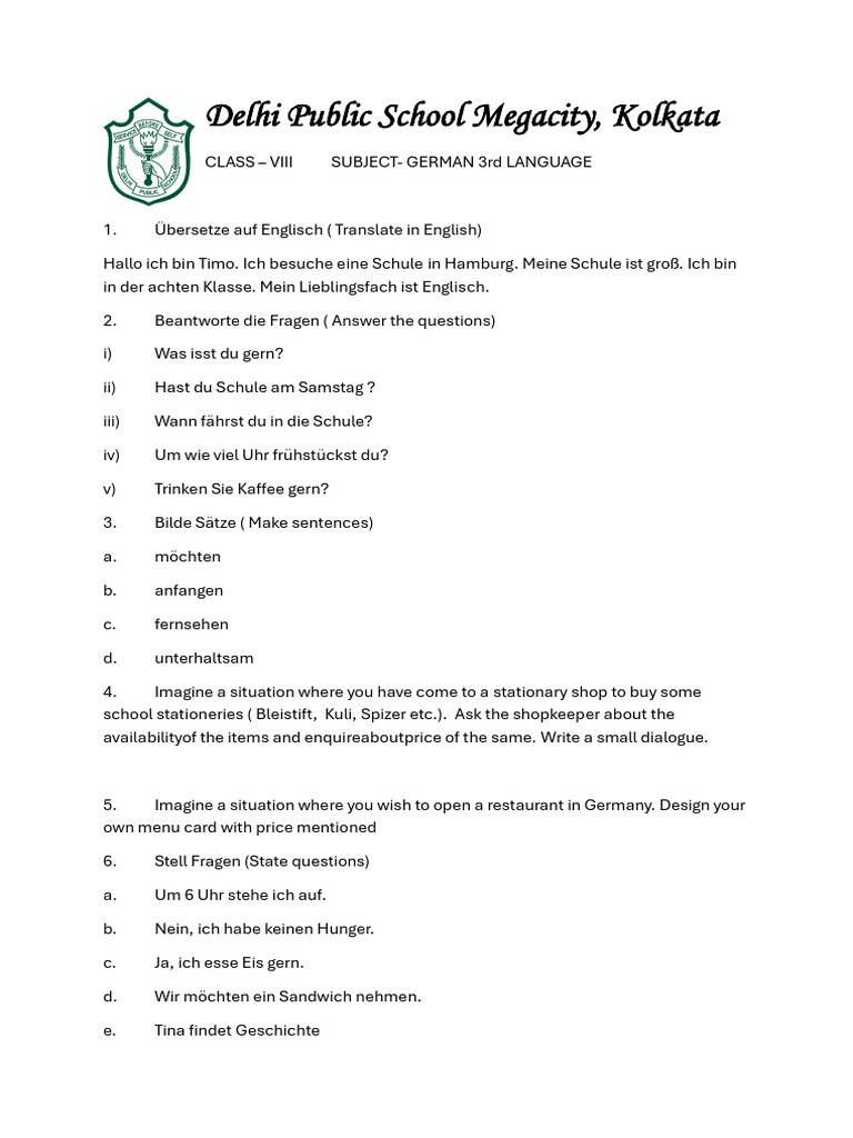 German Revision Worksheet Class VIII August 2024 | PDF