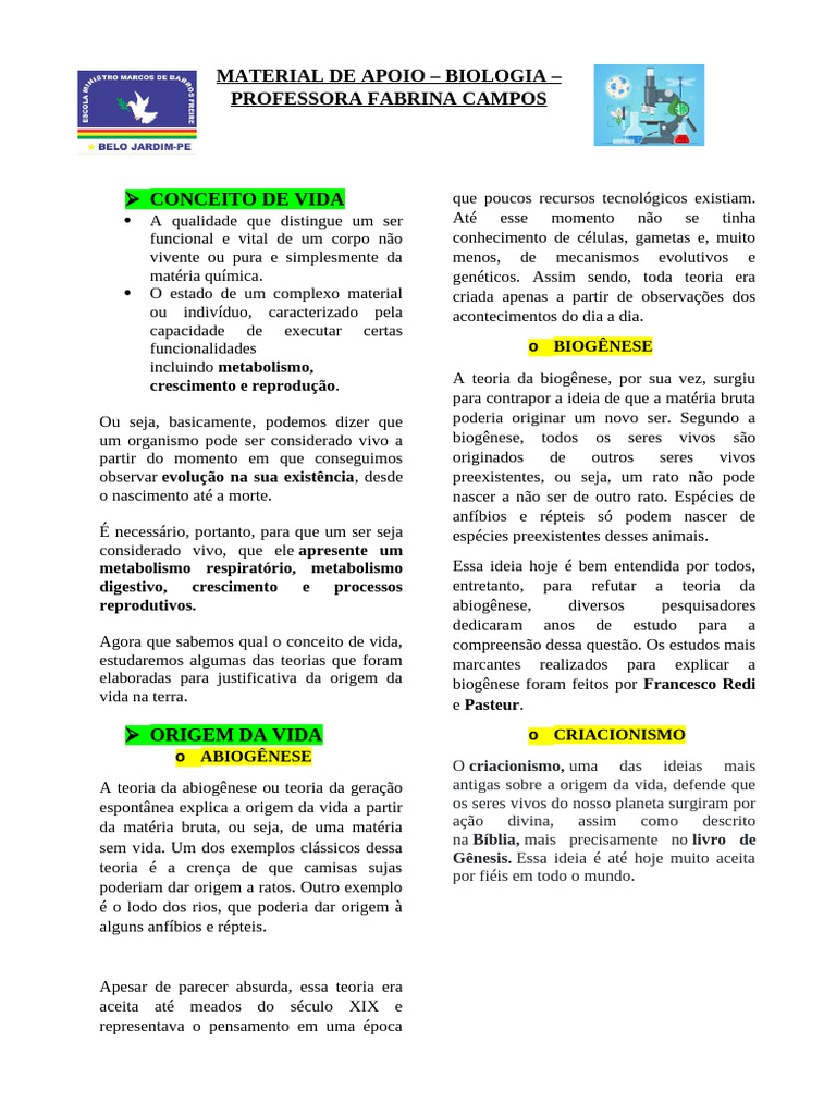 MATERIAL DE APOIO Origem Da Vida - BIOLOGIA - 1º ANO - 1º BIMESTRE ... MATERIAL DE APOIO Origem Da Vida - BIOLOGIA - 1º ANO - 1º BIMESTRE ...