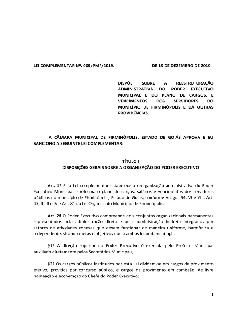 Lei Complementar 005-2019 - Estrutura Administrativa - A | PDF