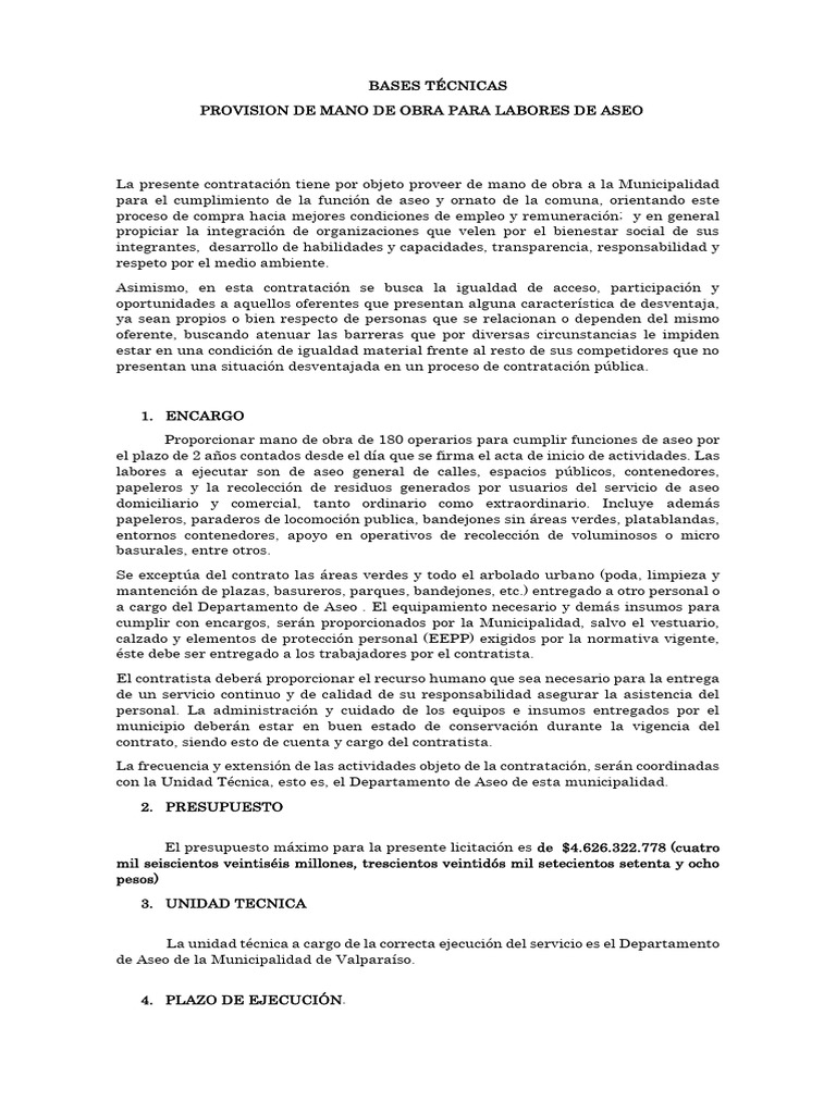 BASES - TÃ CNICAS - Mano - de - Obra - Aseo 2 | PDF