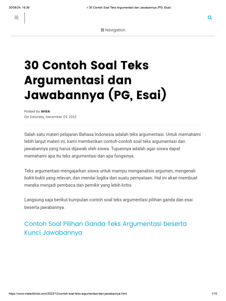 30 Contoh Soal Teks Argumentasi Dan Jawabannya (PG, Esai) | PDF