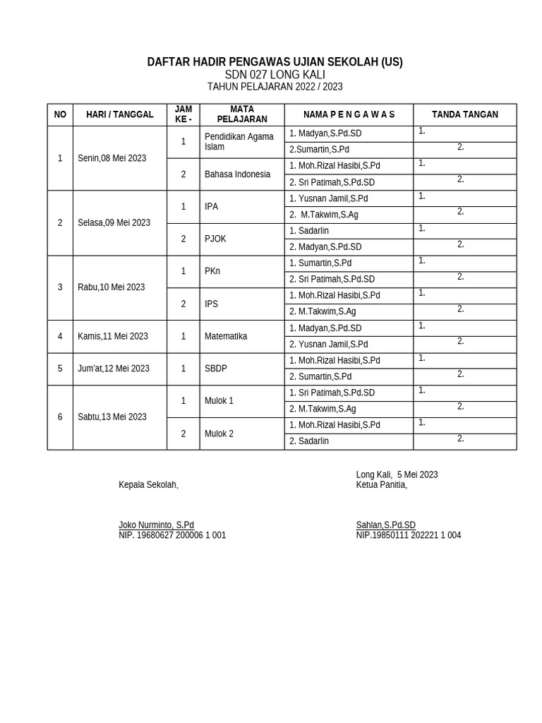 Daftar Hadir Pengawas US 2023.OK - PRINT | PDF