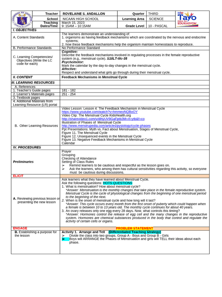 DLL Cot 3 - 2022-2023 - Final | PDF | Luteinizing Hormone | Science & Mathematics