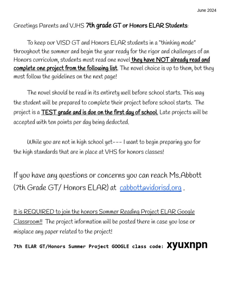 7th Grade 24-25 Honors ELAR Summer Project-1 | PDF | Books | Career ...