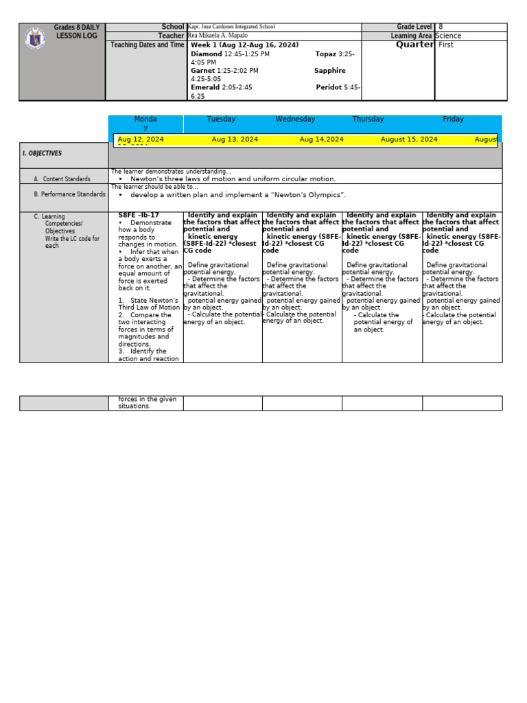 DLL Sci8 Q1 W3 | PDF