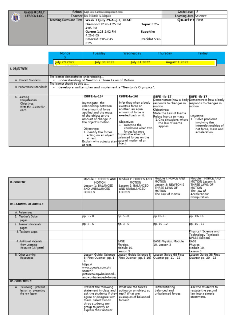 DLL Sci8 Q1 W1 | PDF