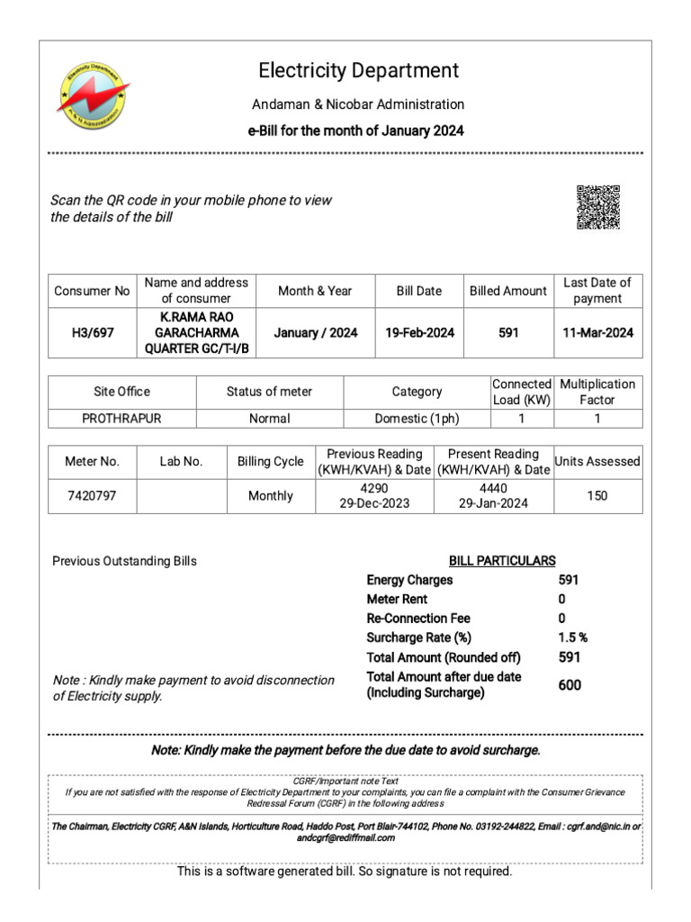 Electricity Bill of Connection No H3 - 697 For January 2024 | PDF