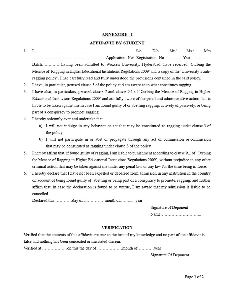 Anti Ragging Affidavit - Parent and Student | PDF