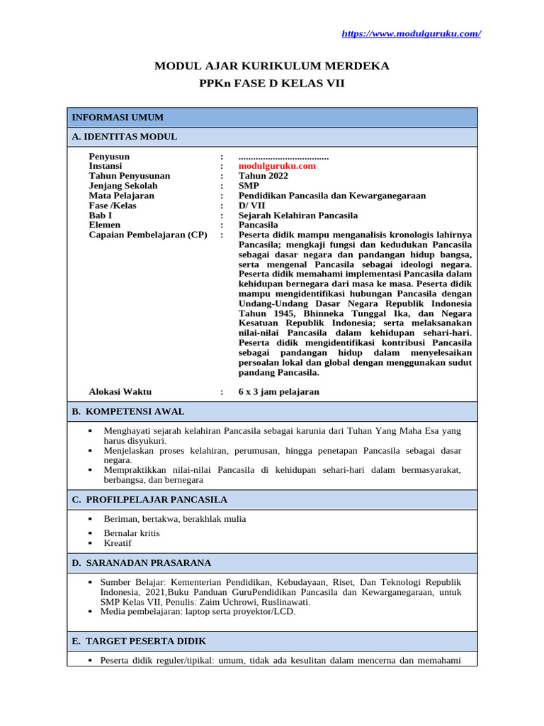 Modul Ajar PPKN Kelas 7 Bab 1 | PDF