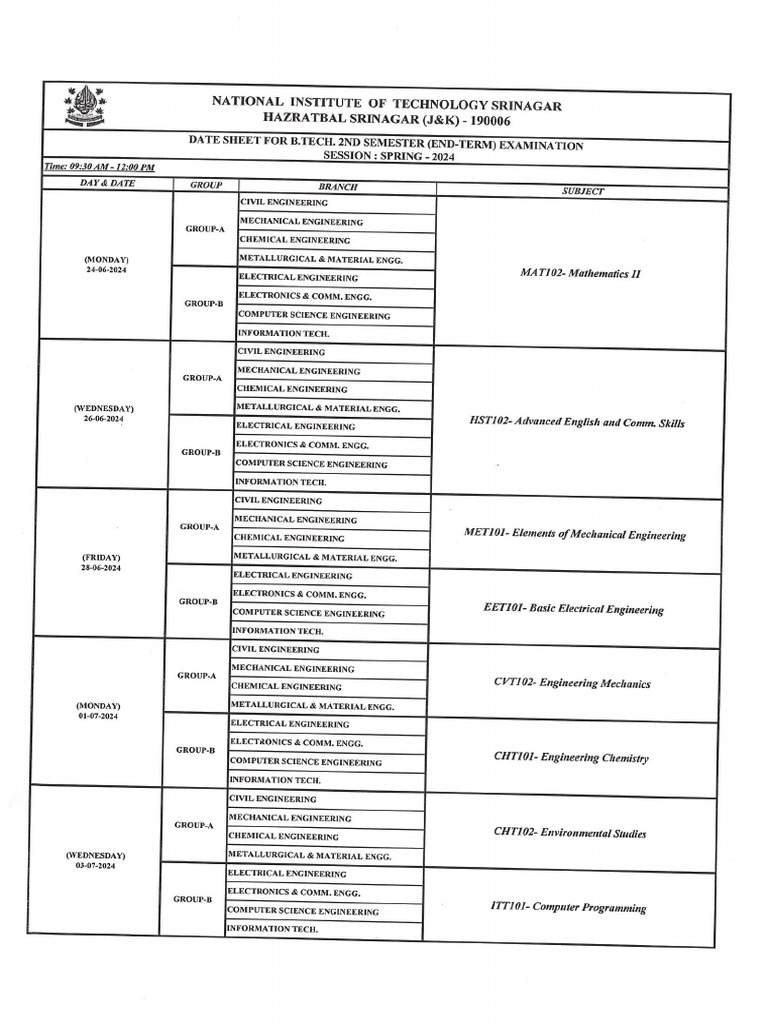 End Term Datesheet For B.Tech of Session SPRING 2024 | PDF End Term Datesheet For B.Tech of Session SPRING 2024 | PDF