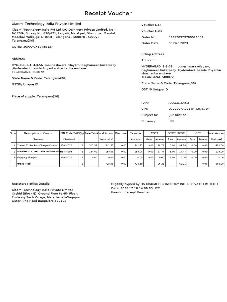 Mi Charger and Cable Receipt | PDF