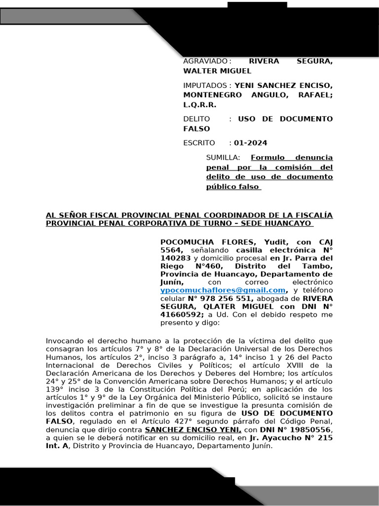 Denuncia Por Uso de Documento Falso-1 | PDF | Intención (Derecho Penal ...