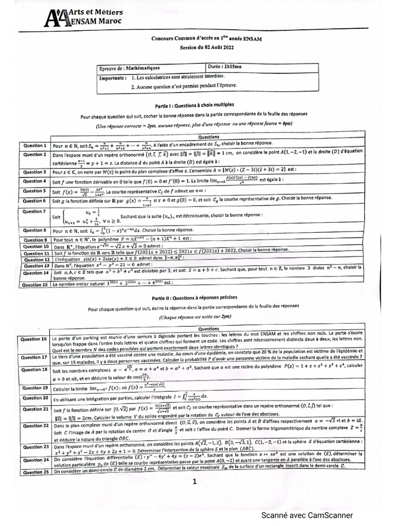 Concours Ensam 2022 Math | PDF