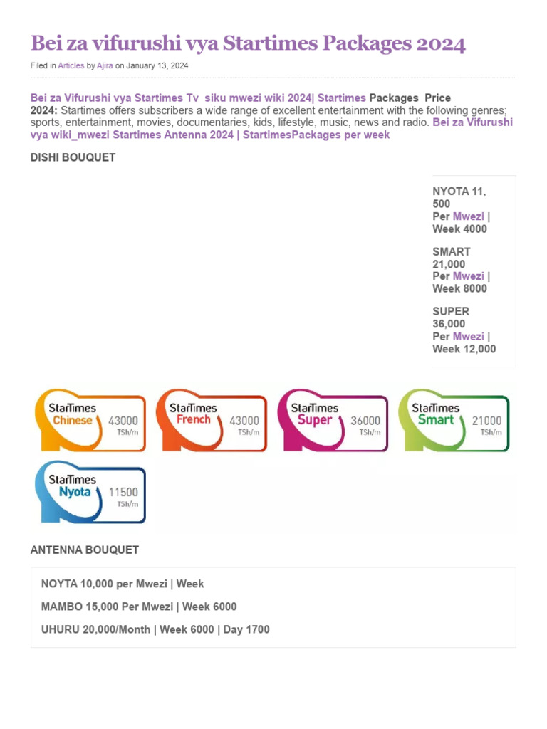 Bei Za Vifurushi Vya Startimes Packages 2024 - Ajira Peak - Nafasi Za Kazi Leo | PDF