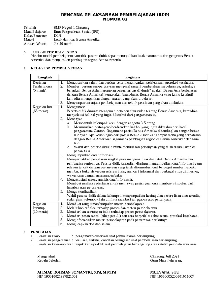 RPP 02 IPS KELAS 9 SMT1 2020-2021 (Benua Amerika) | PDF