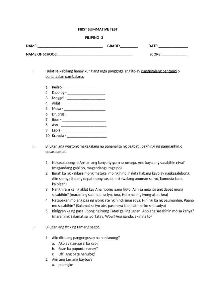 First Summative Test Filipino 3 | PDF