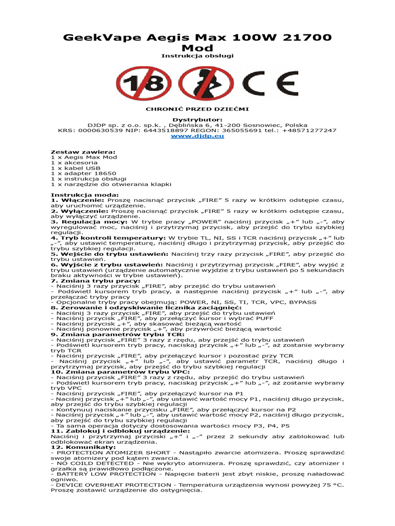 GeekVape Aegis Max Mod Instrukcja | PDF