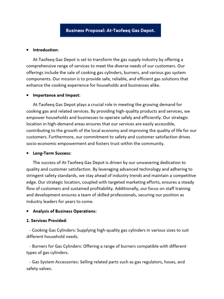 At-Taofeeq Gas Depot Business Proposal | PDF | Inventory | Safety