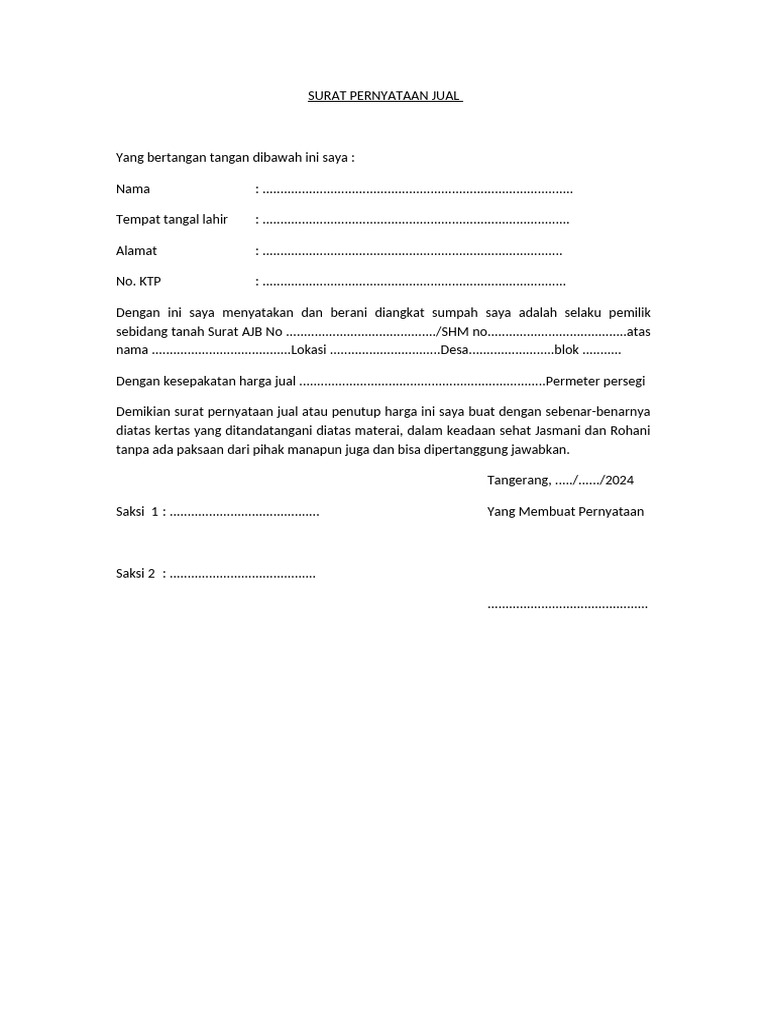 Surat Pernyataan Jual | PDF Surat Pernyataan Jual | PDF