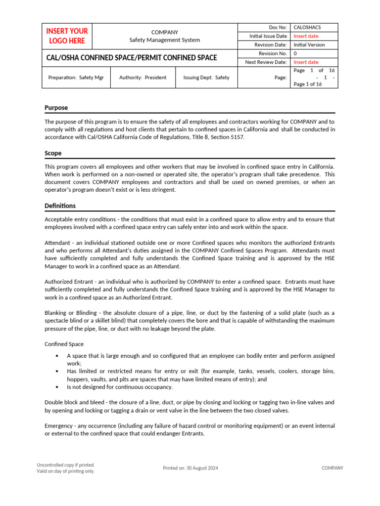 CalOSHA Confined Spaces Program 0818 | PDF