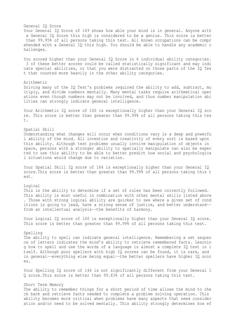 IQ Score-149 | PDF | Intelligence Quotient | Intelligence