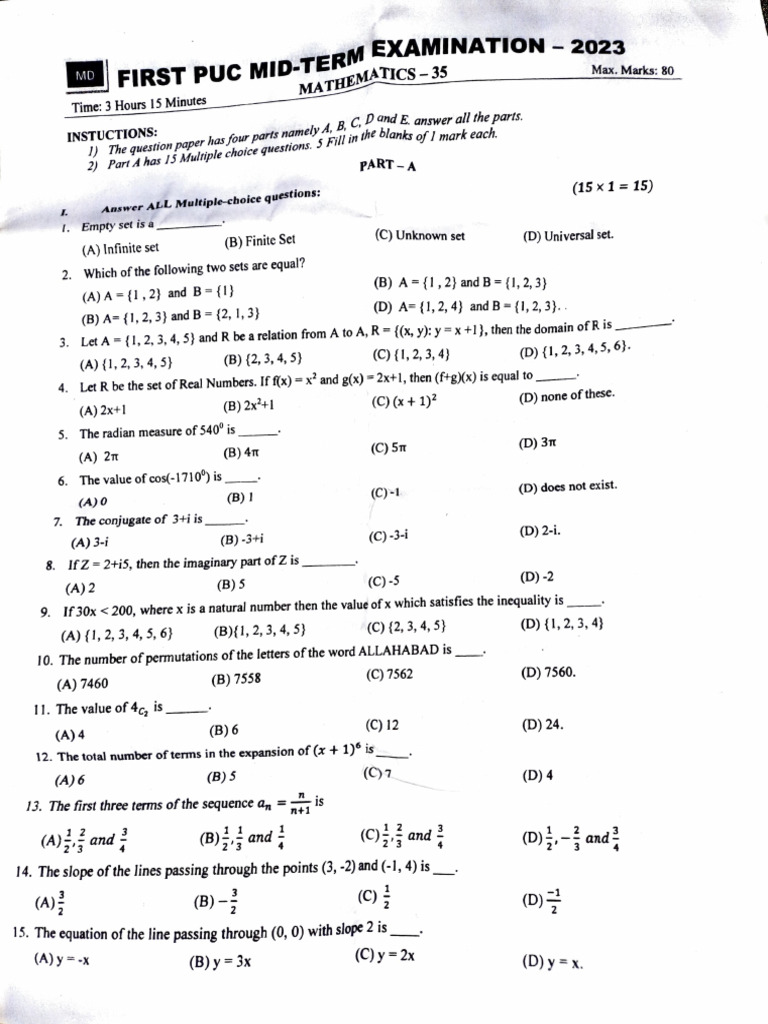 I PUC MID TERM - MANDYA DISTRICT (1) Karnataka Board | PDF | Complex Number | Function (Mathematics)