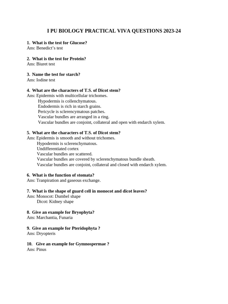 I Pu Biology Practical Viva Questions | PDF | Plant Stem | Plant Physiology