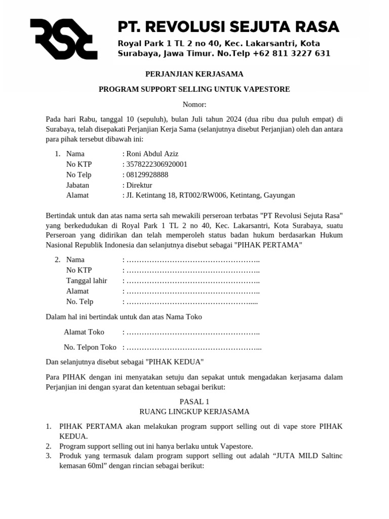 Perjanjian Kerja Sama RSR VB Vapestore Program Support Selling (Final) | PDF