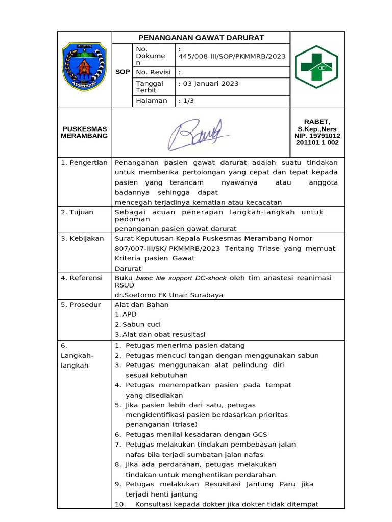 SOP Penanganan Gawat Darurat | PDF