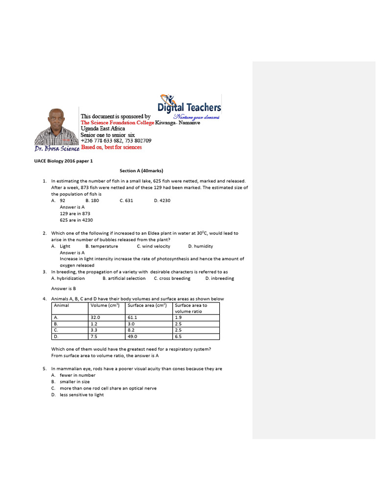 Uace Biology Paper 1 2016 Marking Guide | PDF