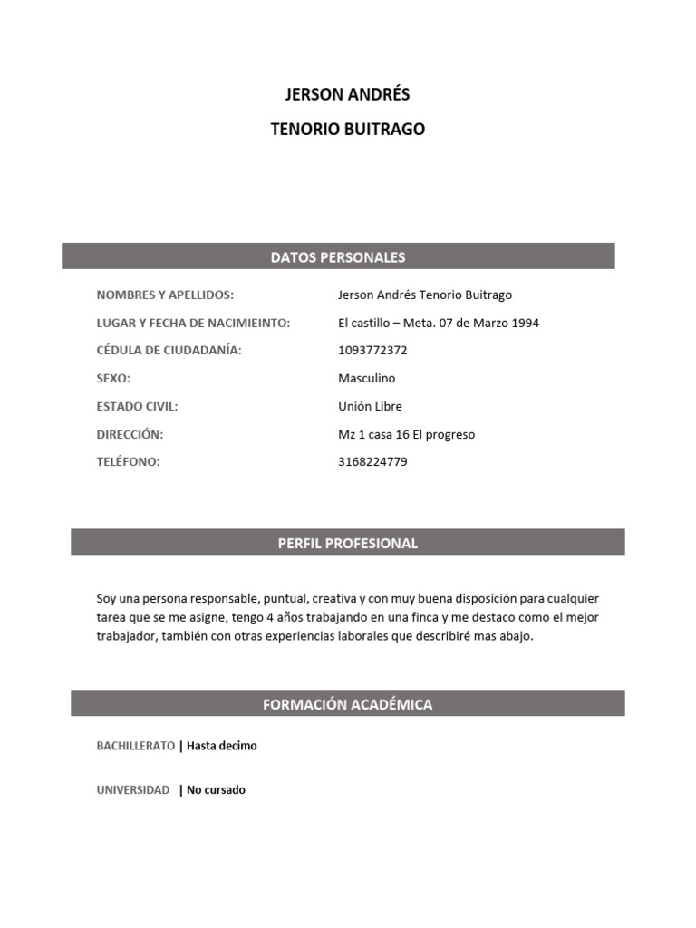 Jerson Andrés Tenorio Buitrago: Datos Personales | PDF