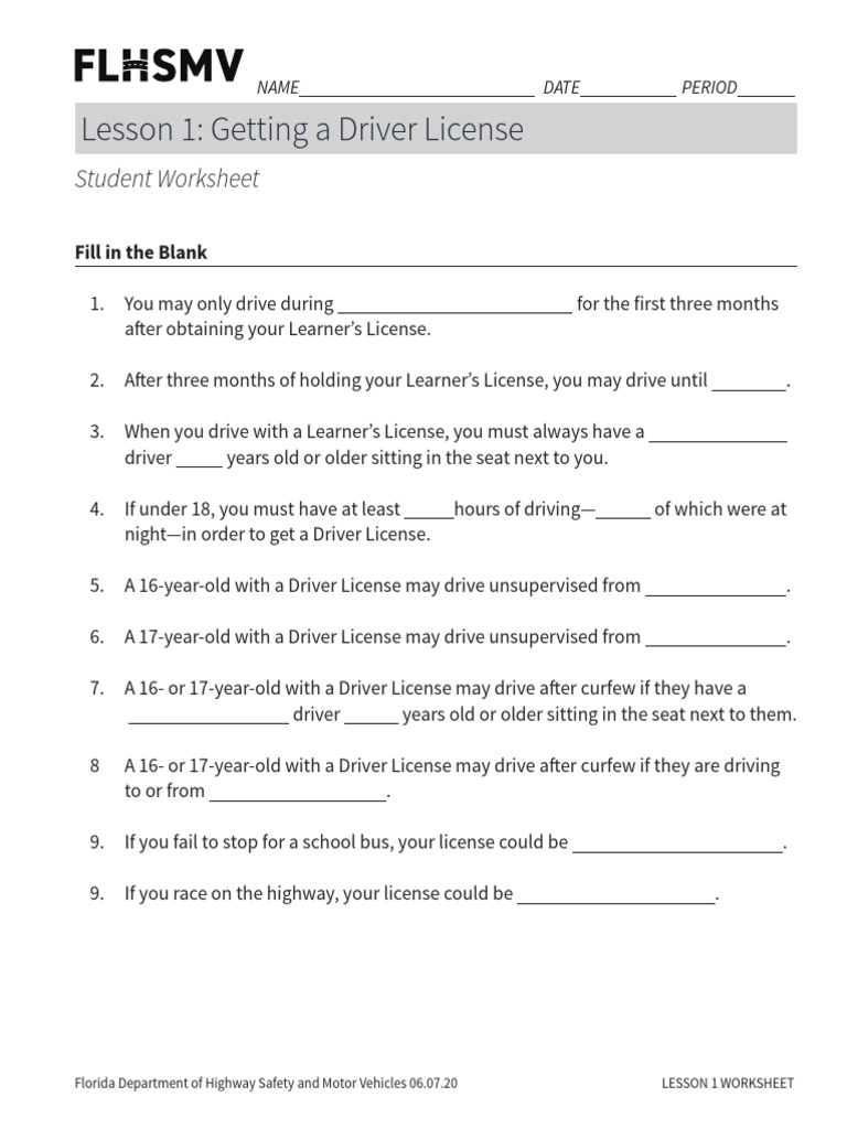 DMV LP Worksheet Lesson 1 | PDF