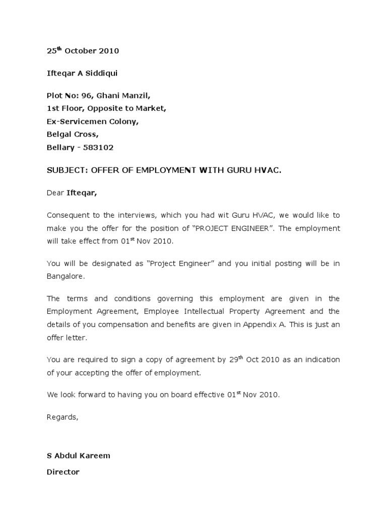 Employment Offer for Project Engineer | PDF | Law
