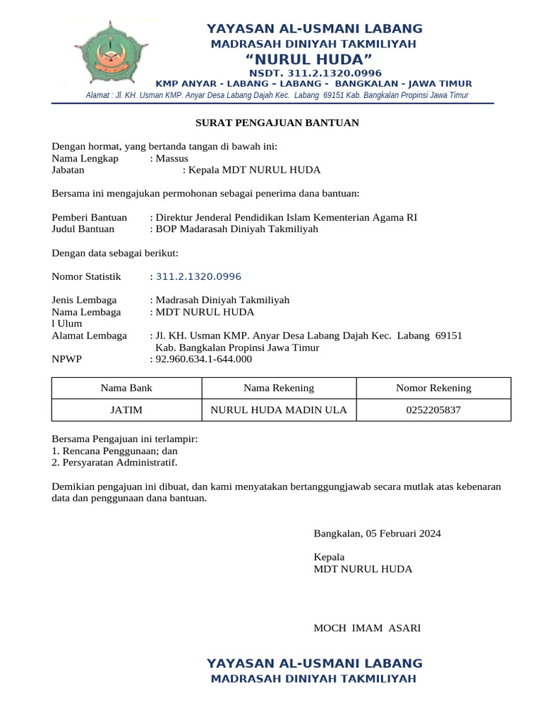 Permohonan Dan Anggaran Nurul Huda | PDF