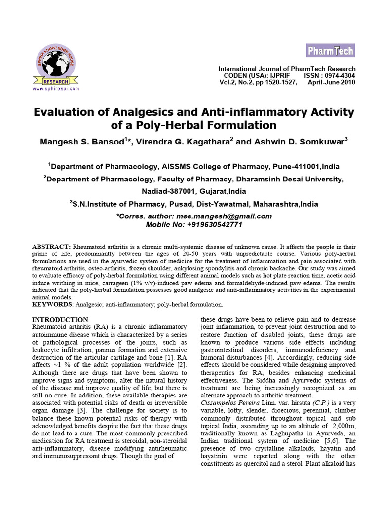Evaluation of Analgesics and Anti-Inflammatory Activity of A Poly-Herbal Formulation Mangesh S ...