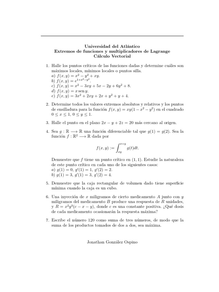 Ejercicios Extremos de Funciones y Multiplicadores de Lagrange | PDF