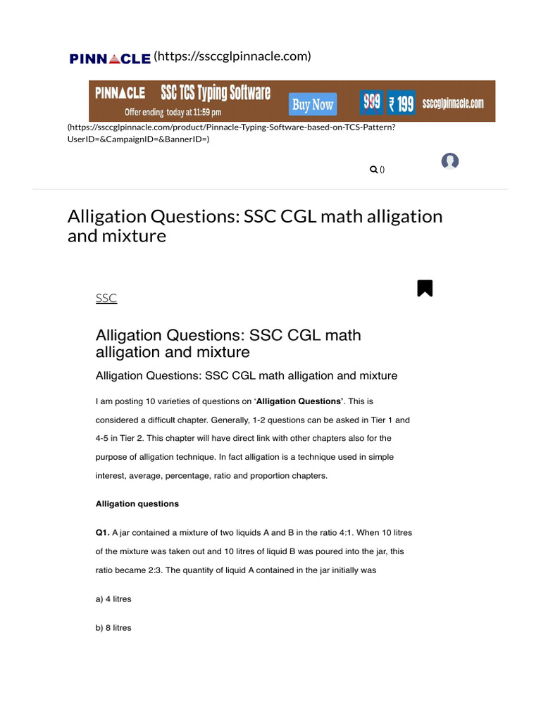 Alligation Questions - SSC CGL Math Alligation and Mixture | PDF | Ratio