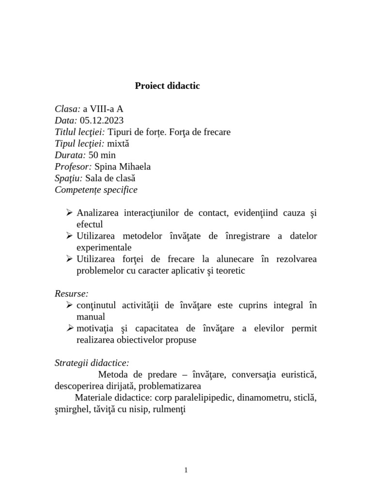 Proiectdidactic Frecarea | PDF
