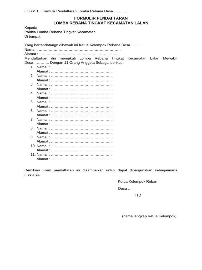 Form Pendaftaran Lomba Rebana | PDF